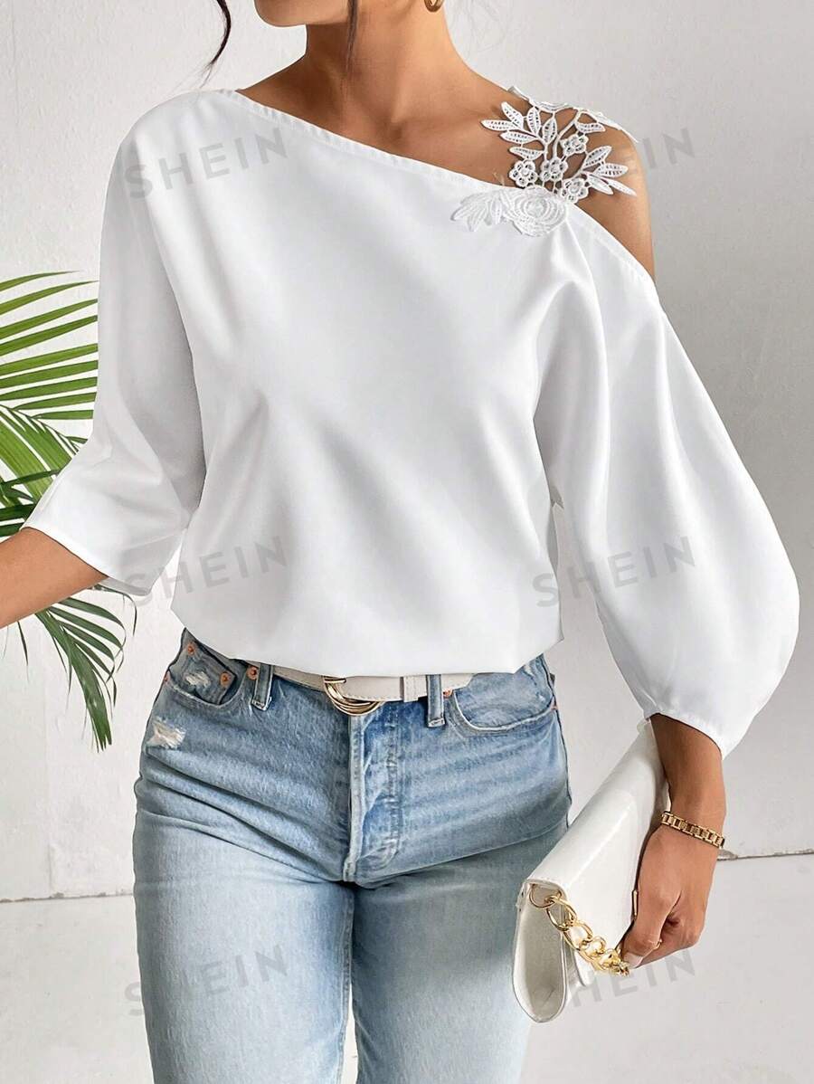 Shein Privé Guipure Lace Appliques Asymmetrical Neck Batwing Sleeve