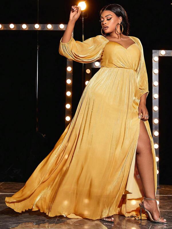 Plus Sweetheart Neck Lantern Sleeve Split Thigh Bridesmaid Dress | SHEIN USA