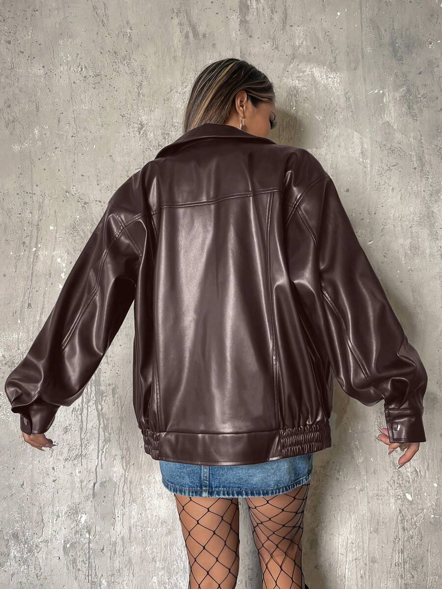 SHEIN ICON Zip Up Drop Shoulder PU Thick Leather Jacket | SHEIN USA