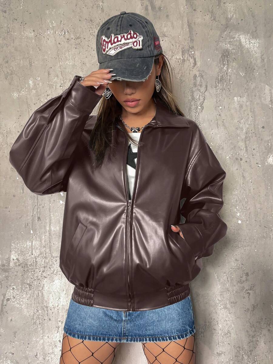 SHEIN ICON Zip Up Drop Shoulder PU Thick Leather Jacket | SHEIN USA