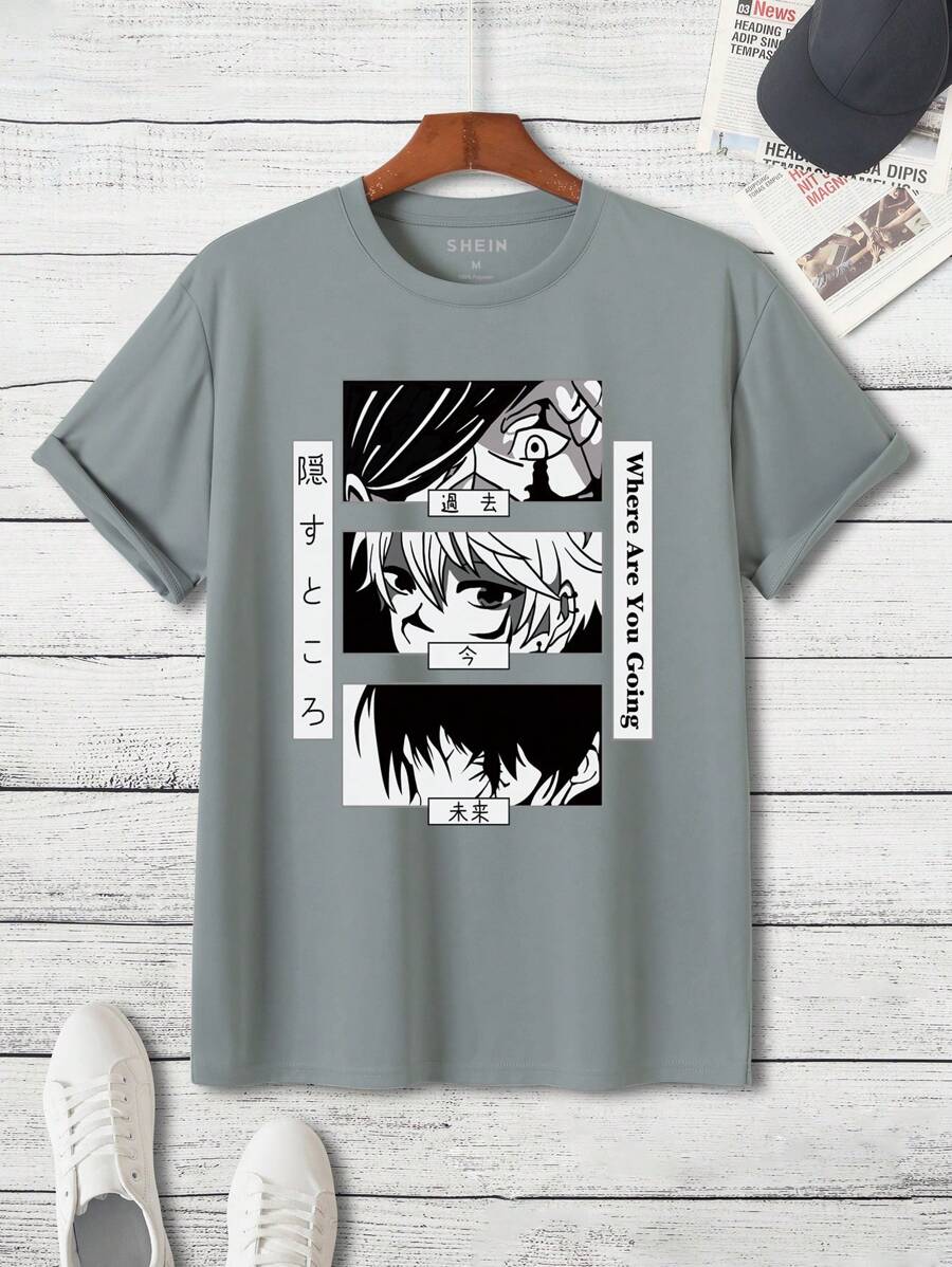 Manfinity Manfinity Dauomo Men Japanese Letter And Figure Graphic Tee For