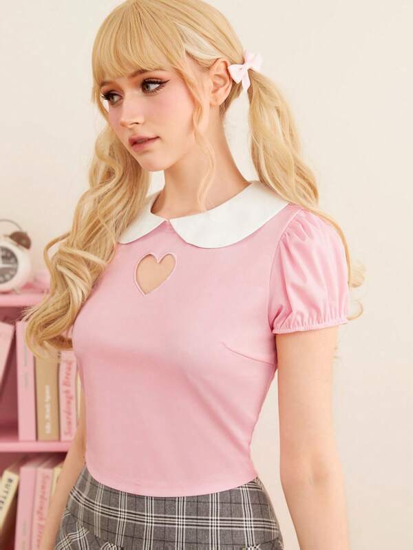 Romwe Kawaii Heart Cut Out Contrast Collar Tee Shein Usa