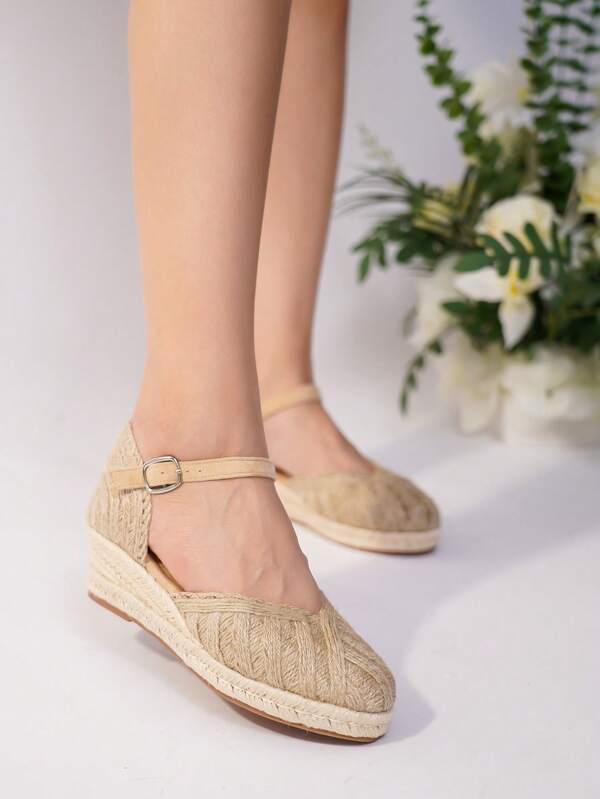 Women Minimalist Ankle Strap Wedge Shoes, Vacation Outdoor Linen Shoes ...
