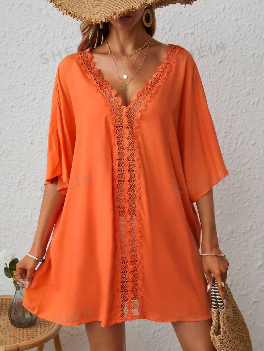 Shein Vcay Guipure Lace Panel Batwing Sleeve Cover Up Dress Shein Uk
