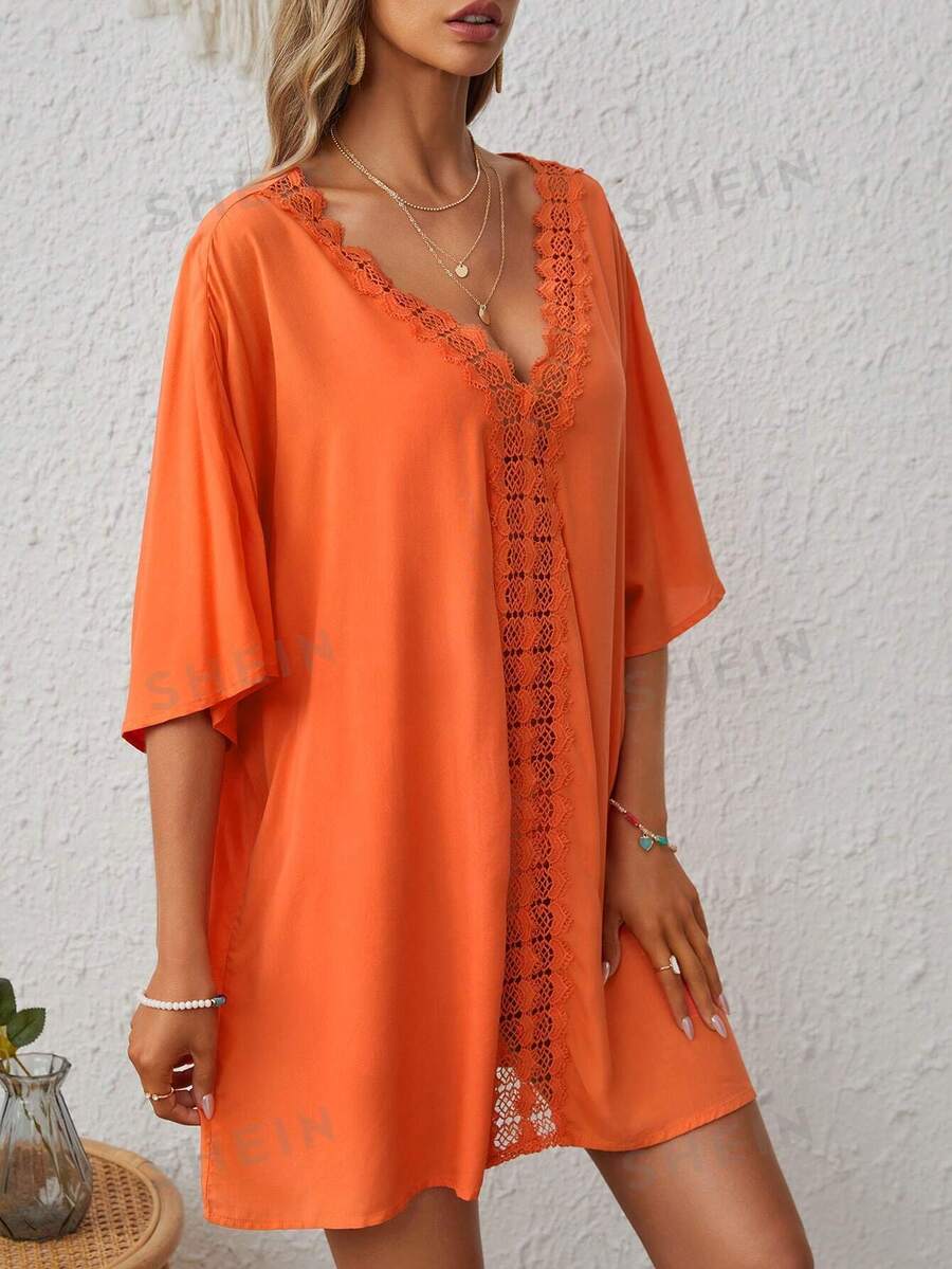 Shein Vcay Guipure Lace Panel Batwing Sleeve Cover Up Dress Shein Uk