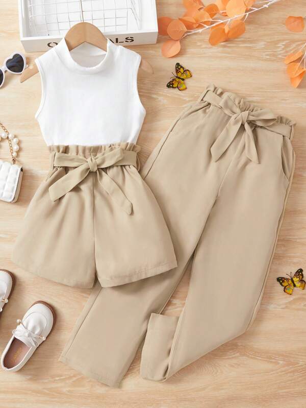 Chica preadolescente de cuello alto Top tank & de cintura con volante ...