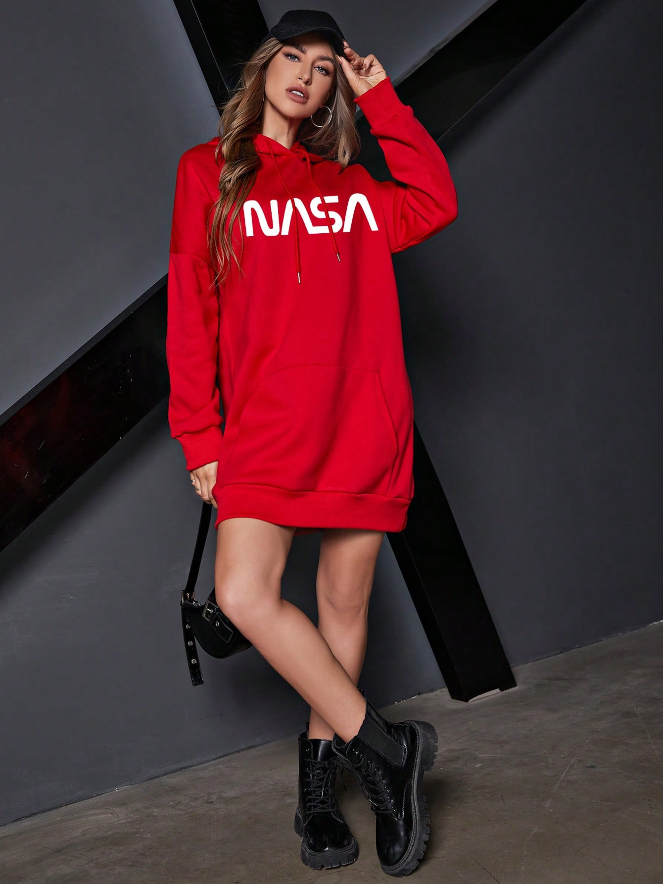 Shein Coolane Letter Graphic Kangaroo Pocket Drop Shoulder Drawstring
