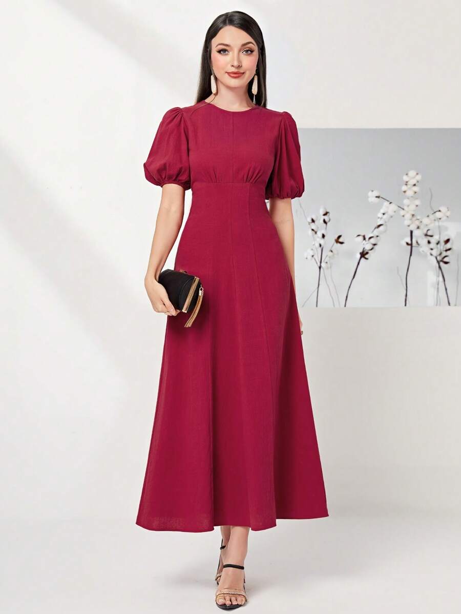SHEIN Modely Burgundy Red 100% Cotton Solid Puff Sleeve A-Line Dress ...
