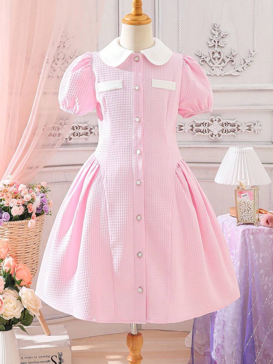 Shein Tween Girl Puff Sleeve Fold Pleated Detail Button Front Dress For