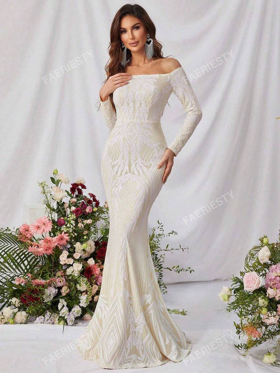 Off Shoulder Mermaid Hem Sequin Formal Dress Elegant Long Sleeve Prom Evening Wedding Guest Gown ...