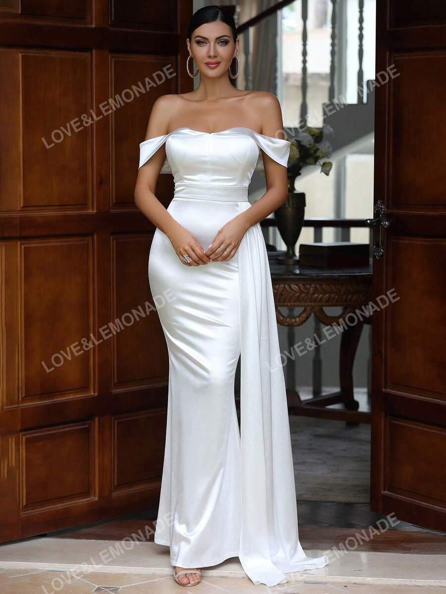 LOVE&LEMONADE Off Shoulder Side Draped Wedding Dress White Elegant ...