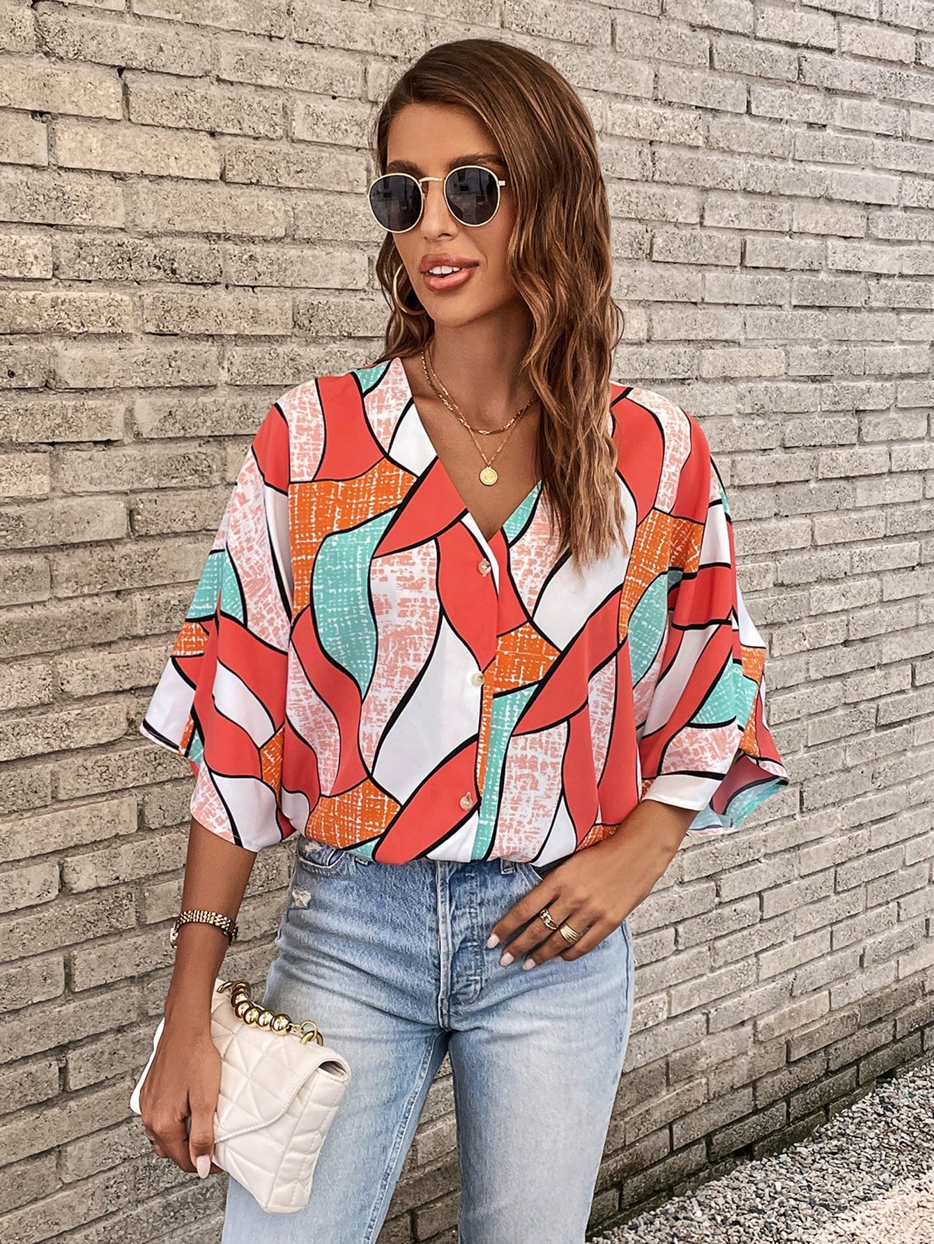 Shein Lune Geo Print Batwing Sleeve Blouse Shein Usa
