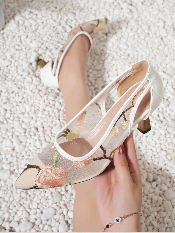 Women Crocodile Embossed Floral Embroidered Point Toe Pyramid Heeled ...