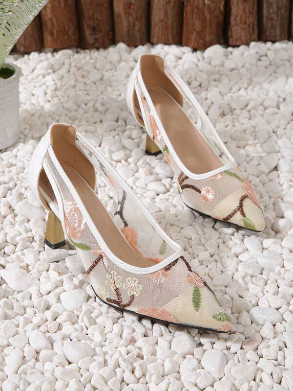 Women Crocodile Embossed Floral Embroidered Point Toe Pyramid Heeled ...