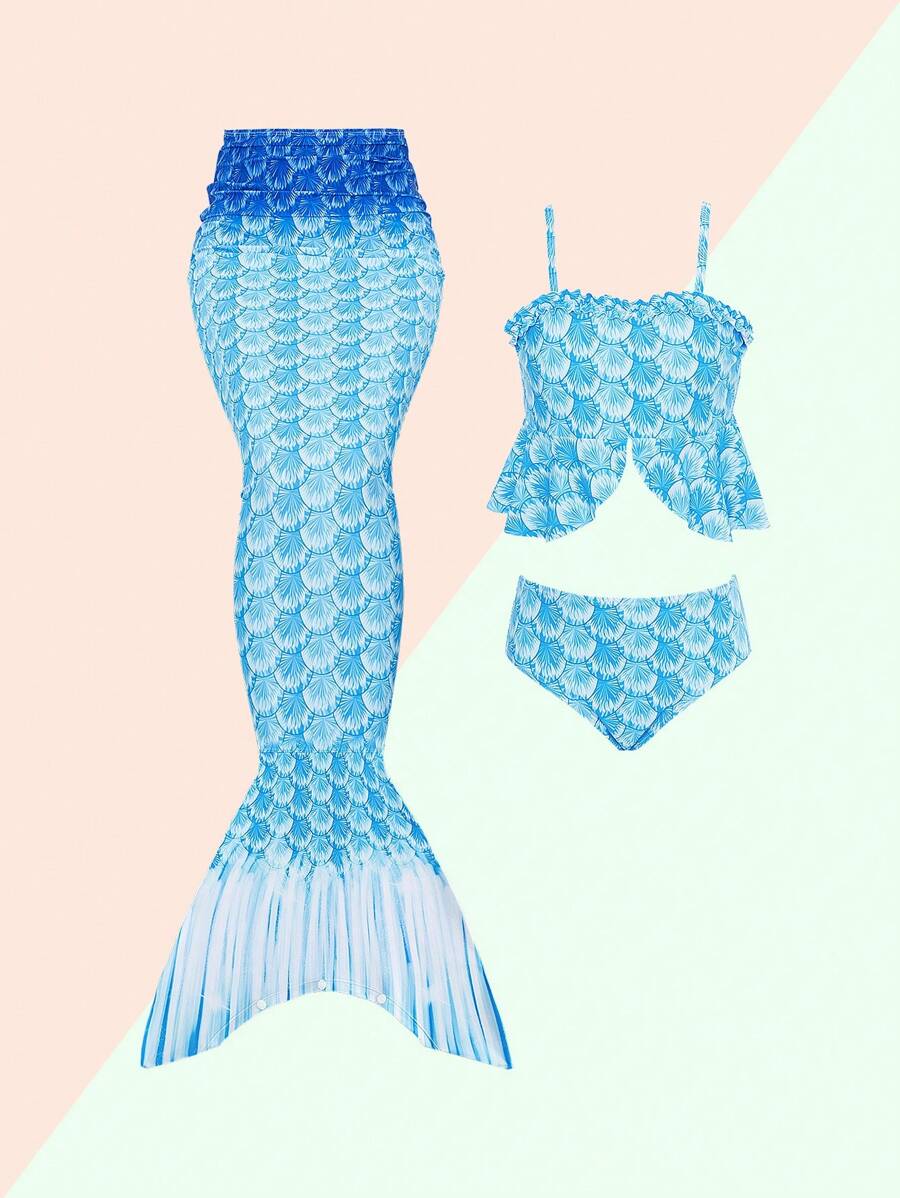 Tween Girl Frill Trim Fish Scales Print Mermaid Tail Set | SHEIN USA