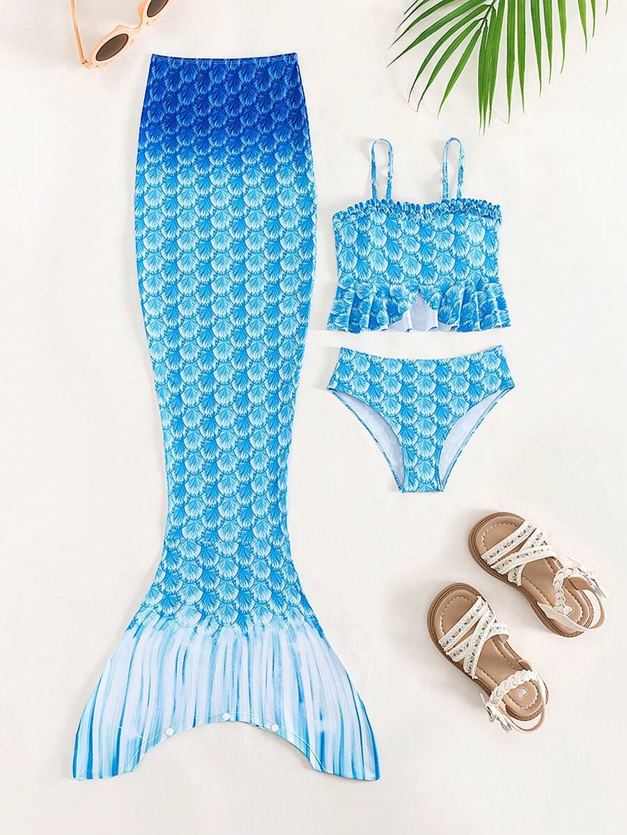 Tween Girl Frill Trim Fish Scales Print Mermaid Tail Set | SHEIN USA