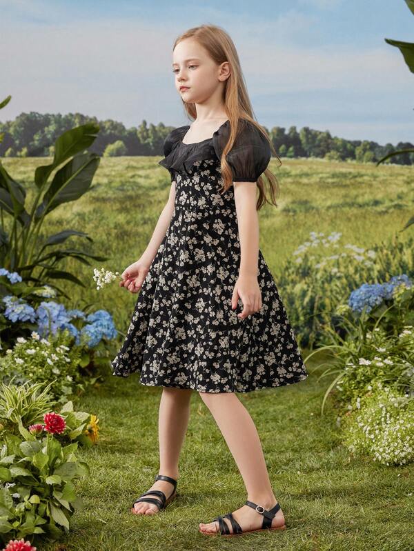 Tween Girl Ditsy Floral Print Puff Sleeve Chiffon Dress for Sale New ...