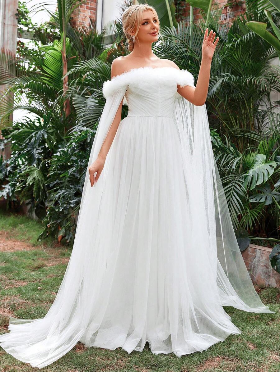 Off Shoulder Ruffle Trim Mesh Wedding Dress | SHEIN USA
