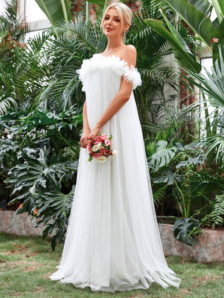 Off Shoulder Appliques Detail Mesh Wedding Dress | SHEIN USA
