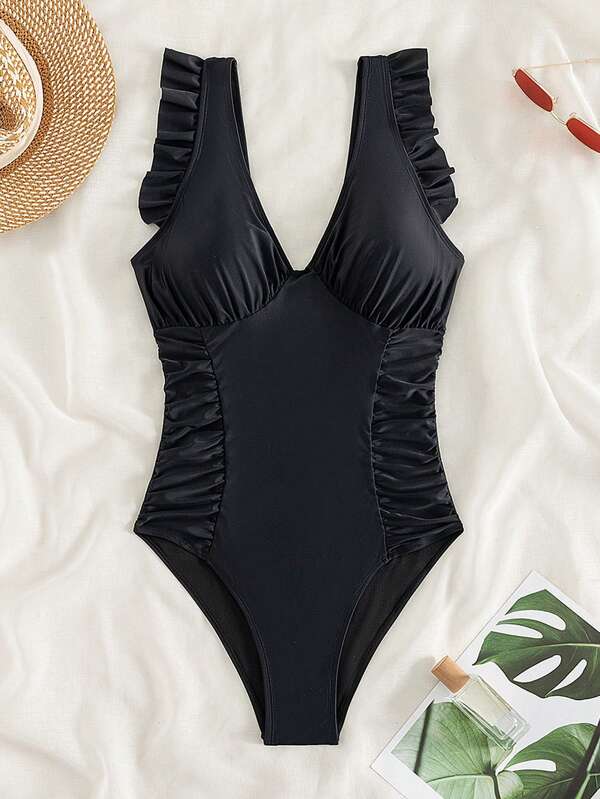 Ruffle Trim Ruched One Piece Swimsuit | SHEIN EUR