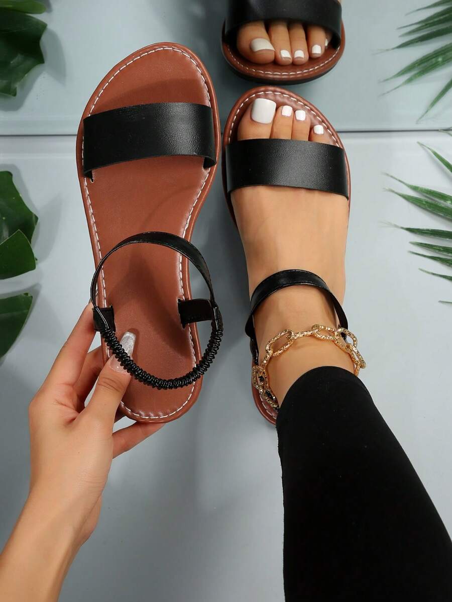 Women Elastic Band Ankle Strap Sandals, Elegant Summer Black Flat ...