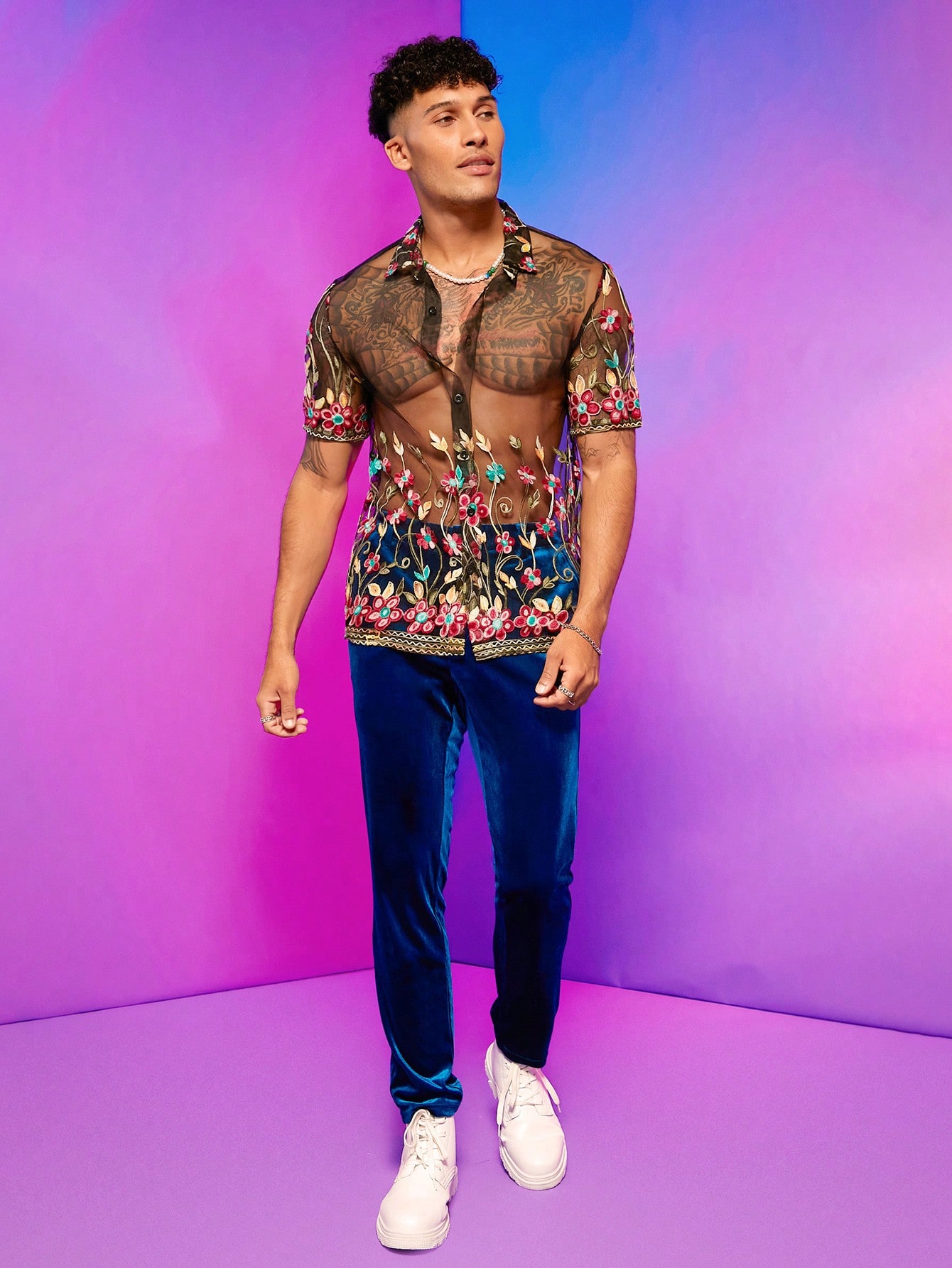 Manfinity Fever City Men Floral Embroidery Mesh Shirt | SHEIN USA