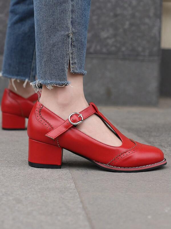 Women Perforated Wingtip Detail Chunky Heeled Pumps, Funky Red Mary ...