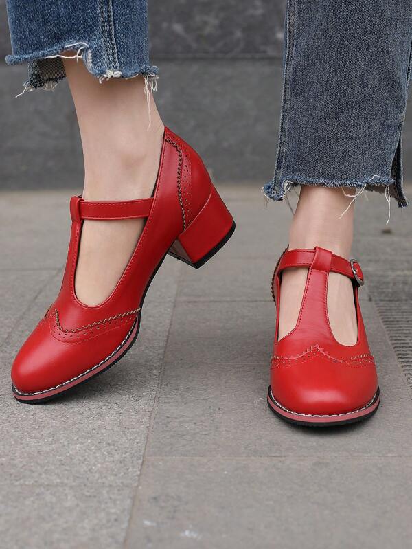 Women Perforated Wingtip Detail Chunky Heeled Pumps, Funky Red Mary ...