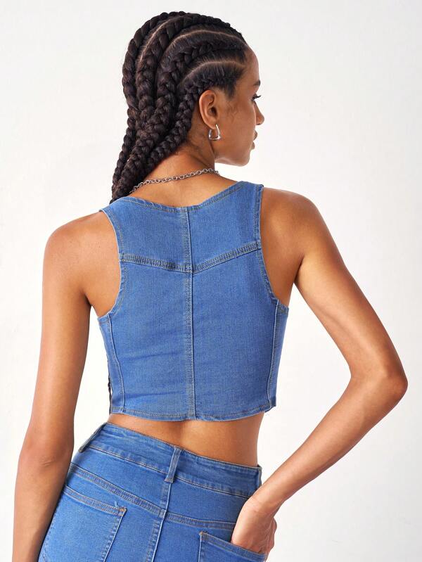 Shein Ezwear Top Tank Con Botón Delantero Crop Mezclilla Moda De
