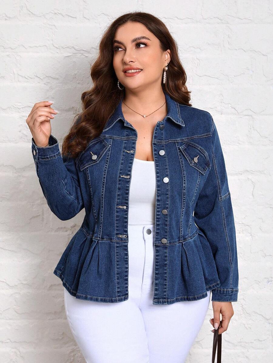 EMERY ROSE Plus Flap Detail Fold Pleated Peplum Denim Jacket | SHEIN USA