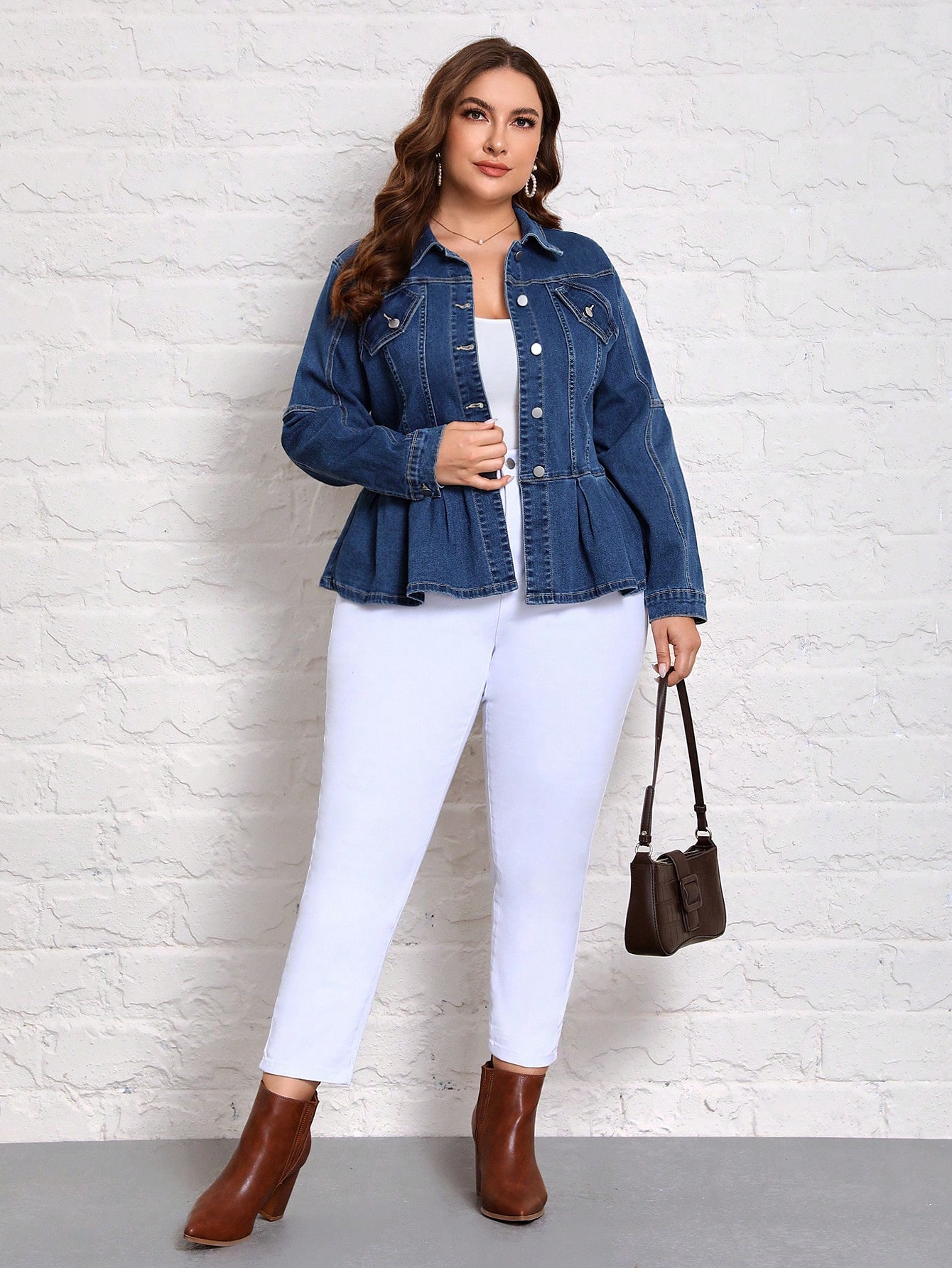 SHEIN Essnce Plus Flap Detail Fold Pleated Peplum Denim Jacket | SHEIN USA