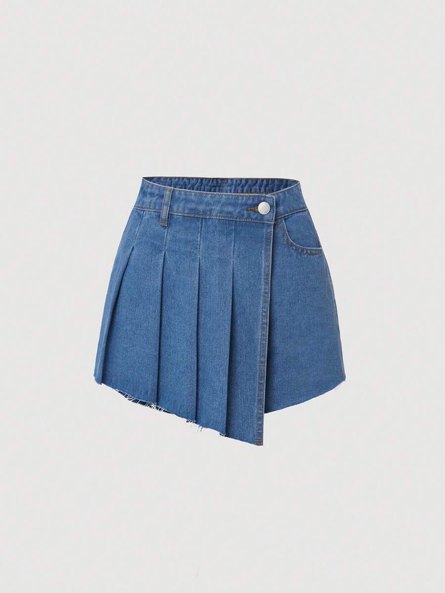 SHEIN Teen Girl Pleated Panel Asymmetrical Denim Skort | SHEIN USA