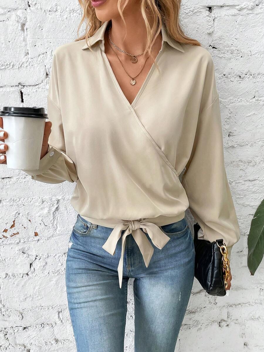 SHEIN LUNE Solid Wrap Knot Hem Drop Shoulder Blouse | SHEIN USA