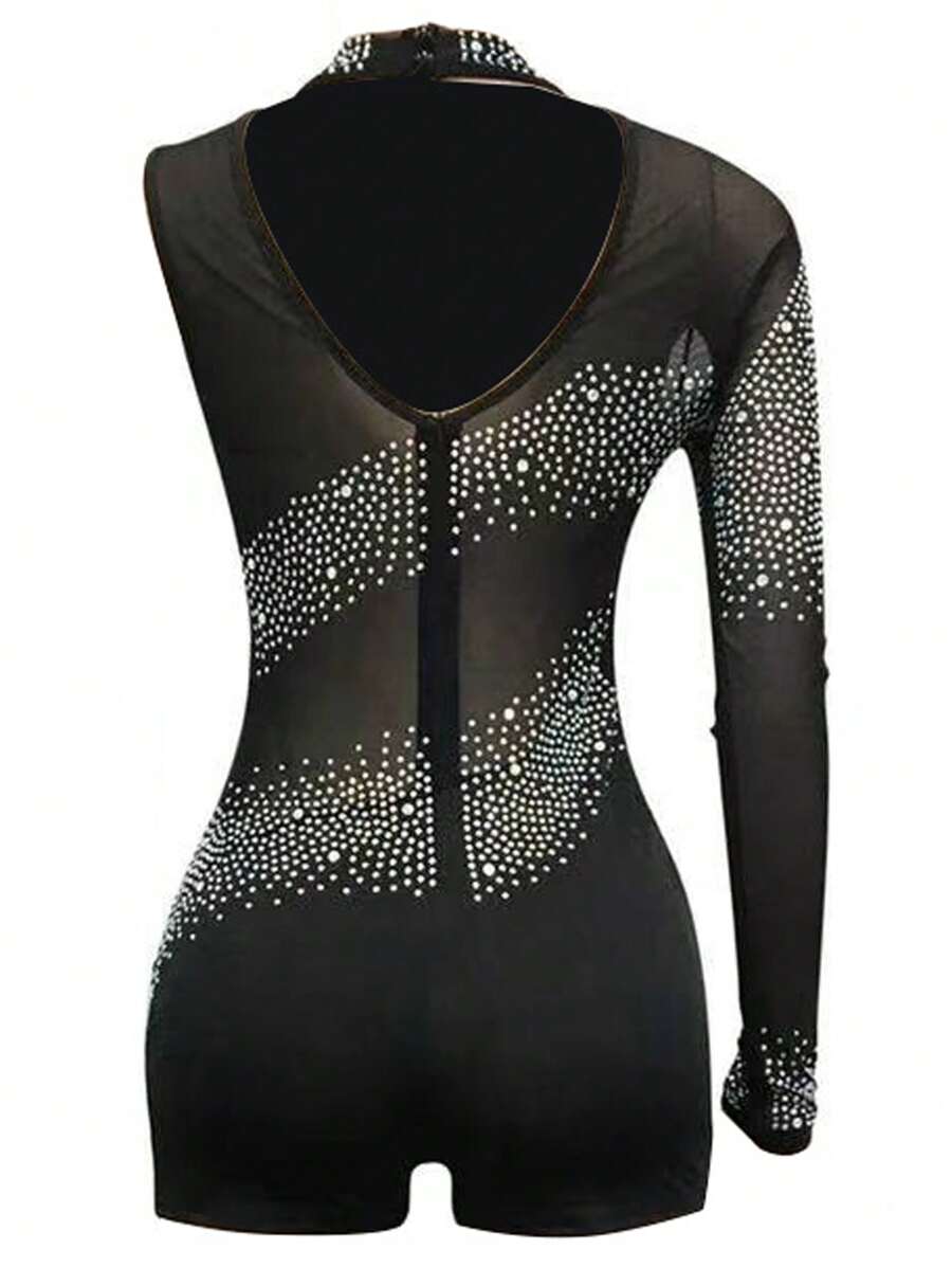 Rhinestone Studded Contrast Mesh Unitard Romper | SHEIN USA