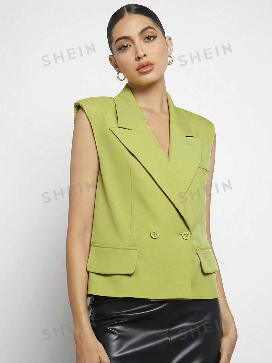 SHEIN Maija Shoulder Pad Double Button Vest Blazer | SHEIN UK