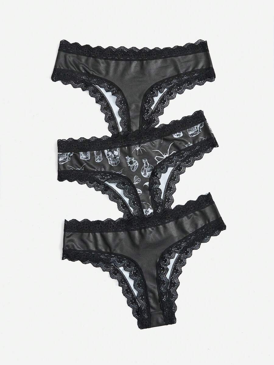 Iamyouth Goth 3pack Skull Print Contrast Lace Thong Set Shein Usa
