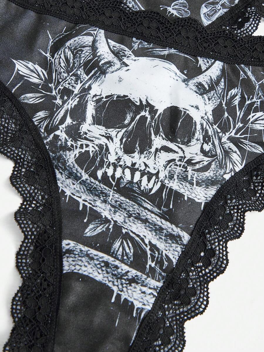 Iamyouth Goth 3pack Skull Print Contrast Lace Thong Set Shein Usa