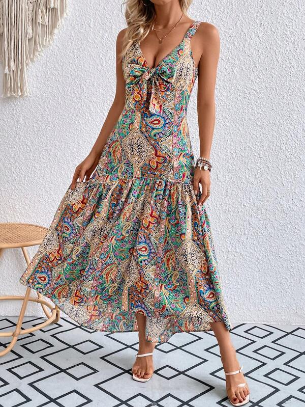 Shein Vcay Cami Kleid Mit Paisley Muster Knoten Vorn Rüschenbesatz