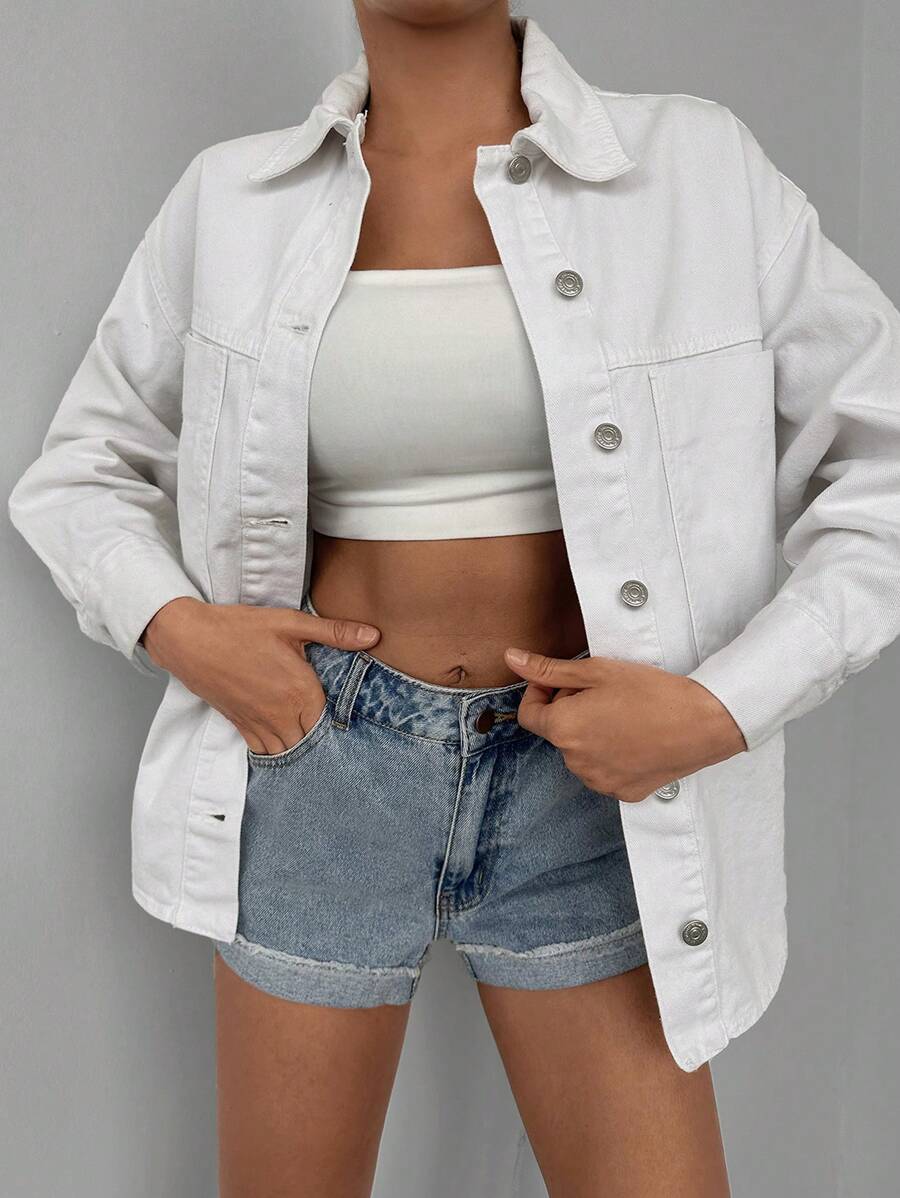 Drop Shoulder Button Front Denim Jacket | SHEIN USA