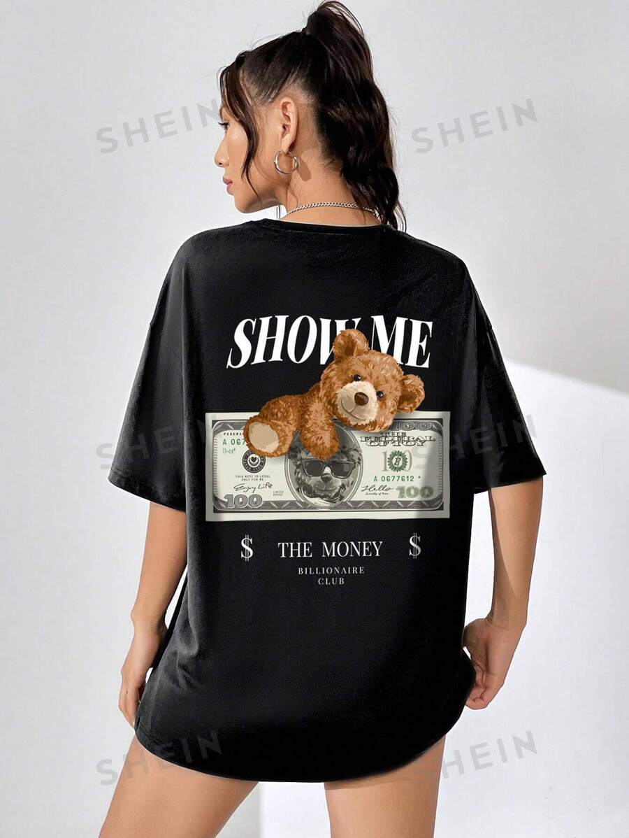 SHEIN EZwear Oversized Women's Summer T-Shirt With US Dollar Banknote ...