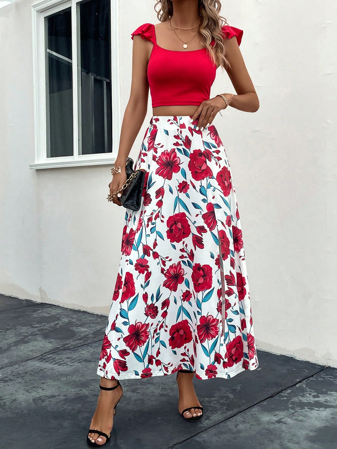 Shein Vcay Unicolor Top Crop And Con Estampado Floral De Muslo Con