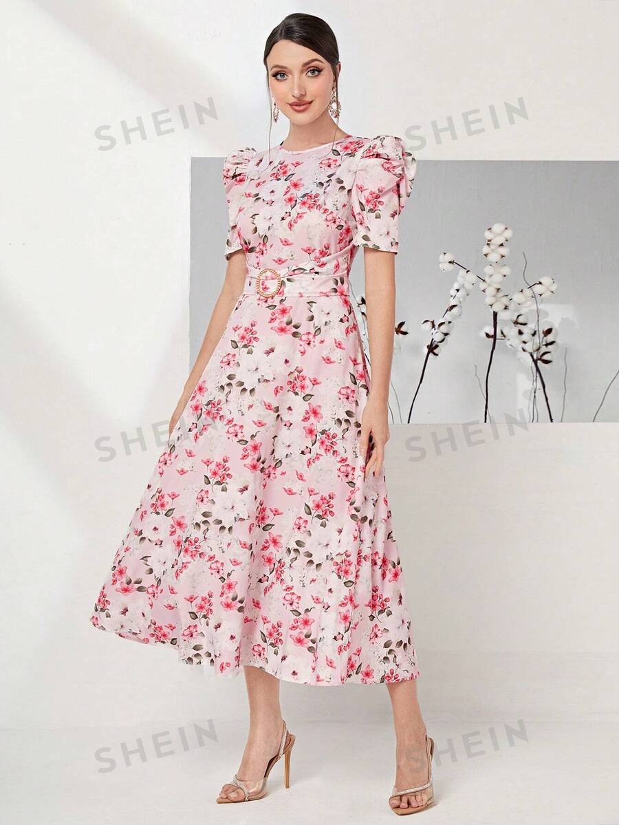SHEIN Modely Allover Floral Print Puff Sleeve Belted Dress | SHEIN USA
