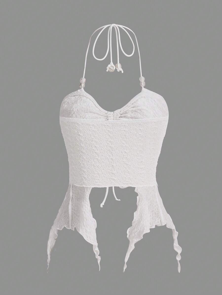 SHEIN ICON Drawstring Front Asymmetrical Hem Halter White Top | SHEIN UK