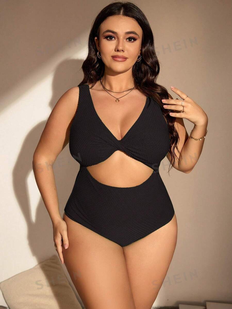 SHEIN Swim Curve Summer Beach Plus Cut Out One Piece Swimsuit With Beach Skirt | SHEIN USA