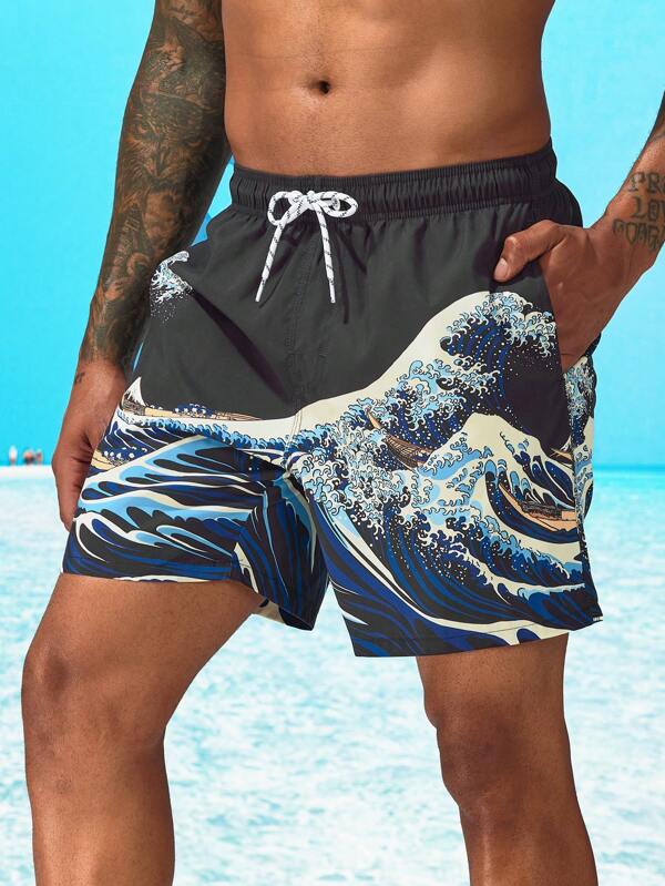 Men Wave Print Drawstring Swim Trunks | SHEIN USA