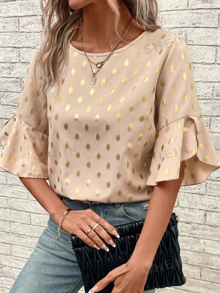 SHEIN Clasi Gold Dot Print Flare Sleeve Blouse | SHEIN USA