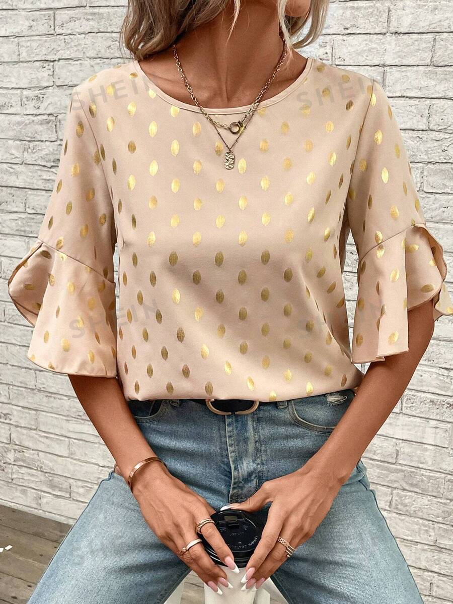 SHEIN Clasi Gold Dot Print Flare Sleeve Blouse | SHEIN USA