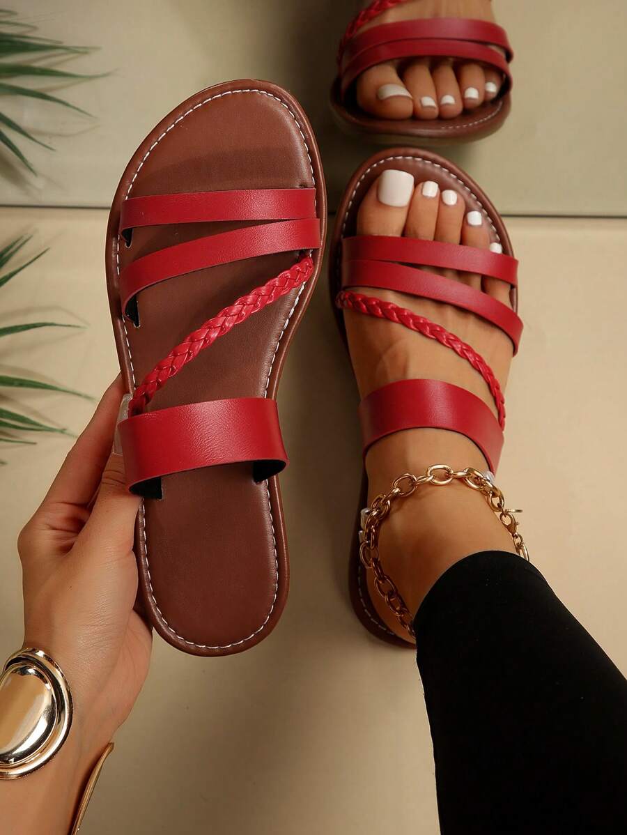 Women Braided Detail Slide Sandals, Vacation Red Flat Sandals For ...