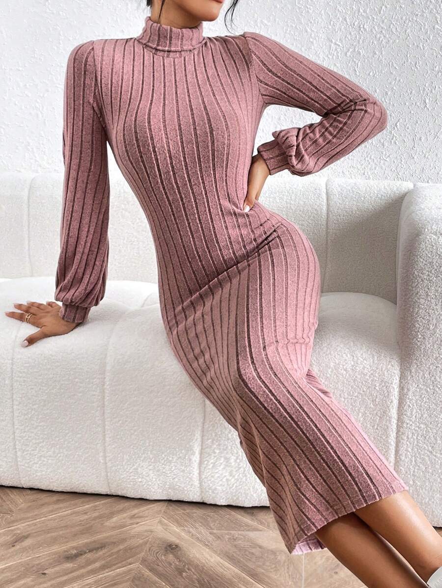 SHEIN Frenchy Mock Neck Lantern Sleeve Ribbed Knit Bodycon Dress | SHEIN USA