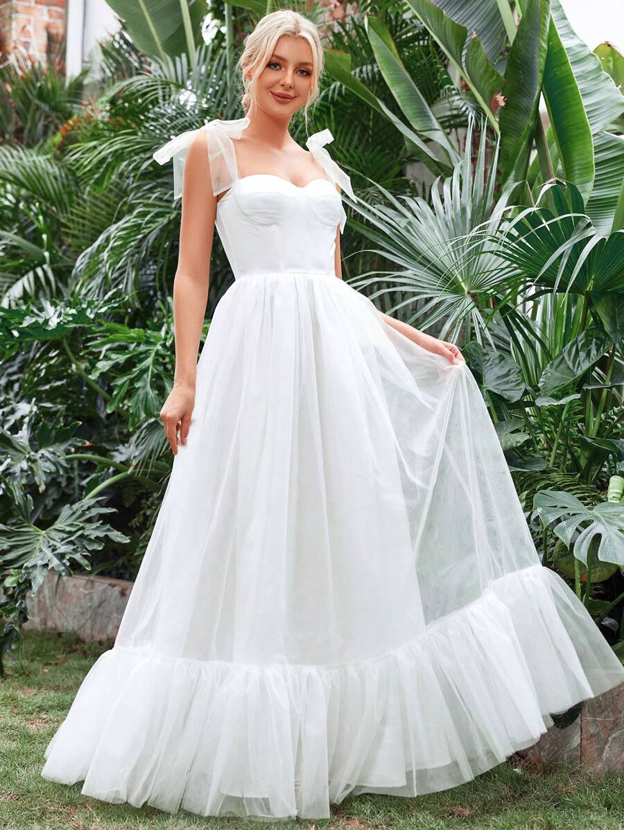 Tie Shoulder Ruffle Hem Mesh Wedding Dress Without Veil | SHEIN USA